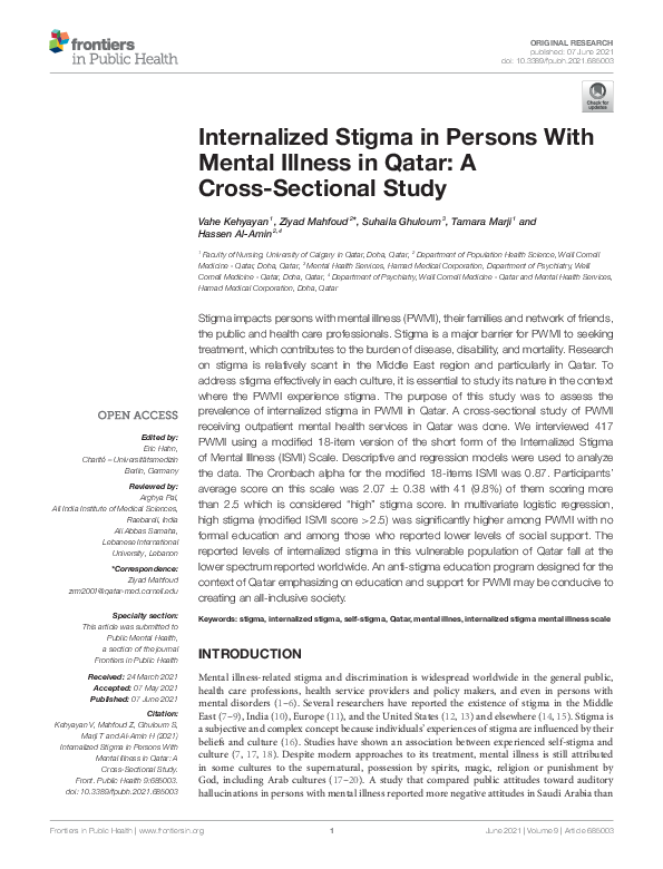 (PDF) Internalized Stigma in Persons With Mental Illness in Qatar: A ...