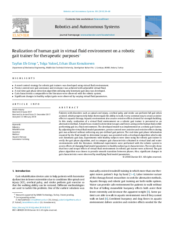 (PDF) Realization of human gait in virtual fluid environment on a robotic gait trainer for ...