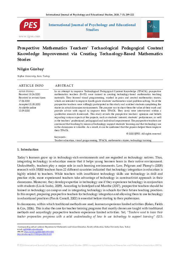 (PDF) Pre-service Mathematics Teachers Created Animated Stories to Improve their Technological ...