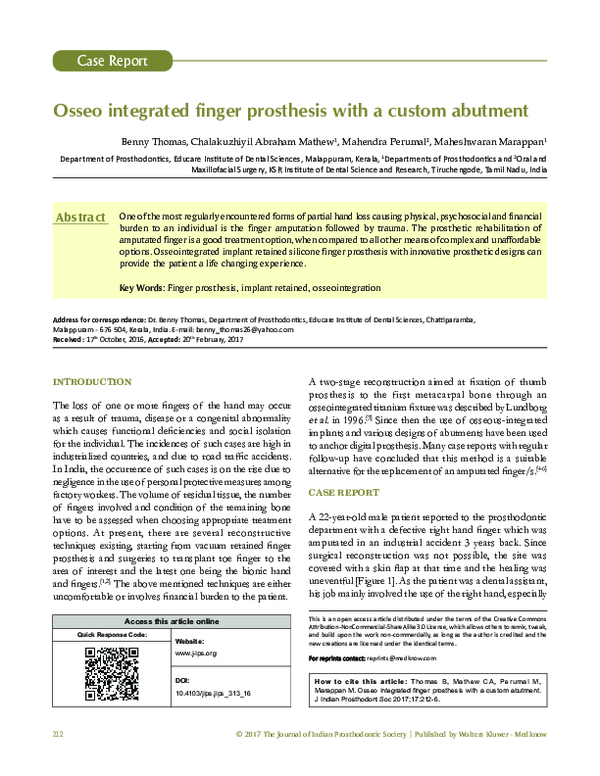 (PDF) Osseo integrated finger prosthesis with a custom abutment