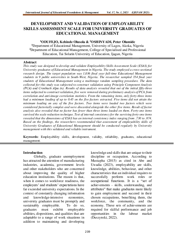 (PDF) DEVELOPMENT AND VALIDATION OF EMPLOYABILITY SKILLS ASSESSMENT SCALE FOR UNIVERSITY ...