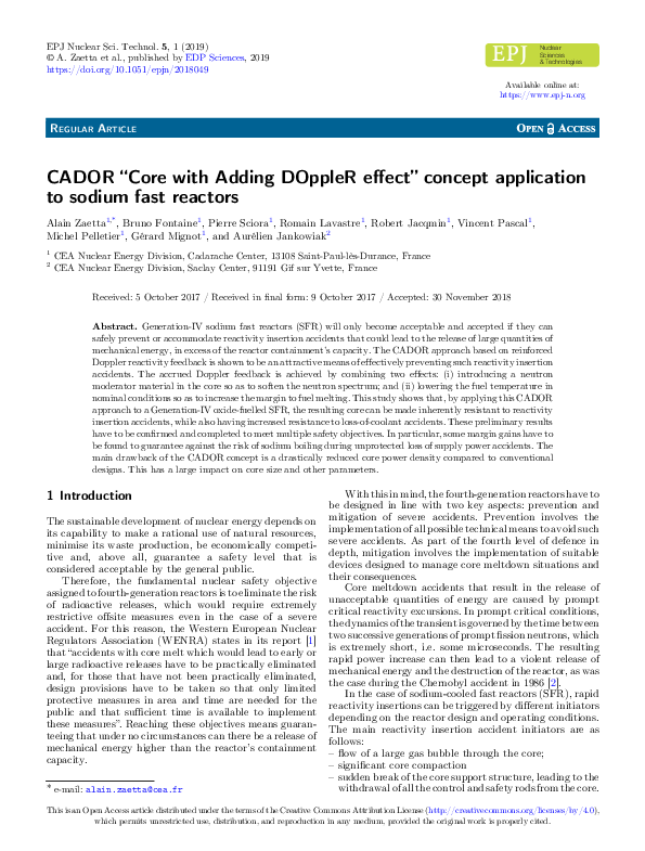 Pdf Cador “core With Adding Doppler Effect” Concept Application To Sodium Fast Reactors