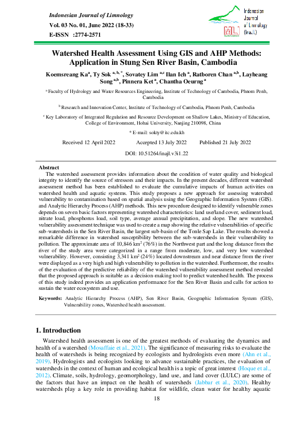 (PDF) Watershed Health Assessment Using GIS and AHP Methods: Application in Stung Sen River ...