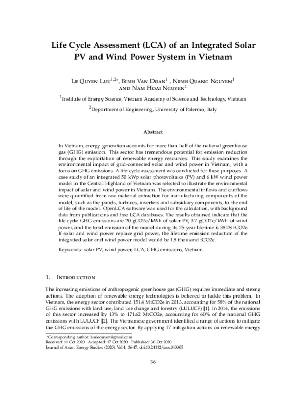 (PDF) Life Cycle Assessment (LCA) of an Integrated Solar PV and Wind ...