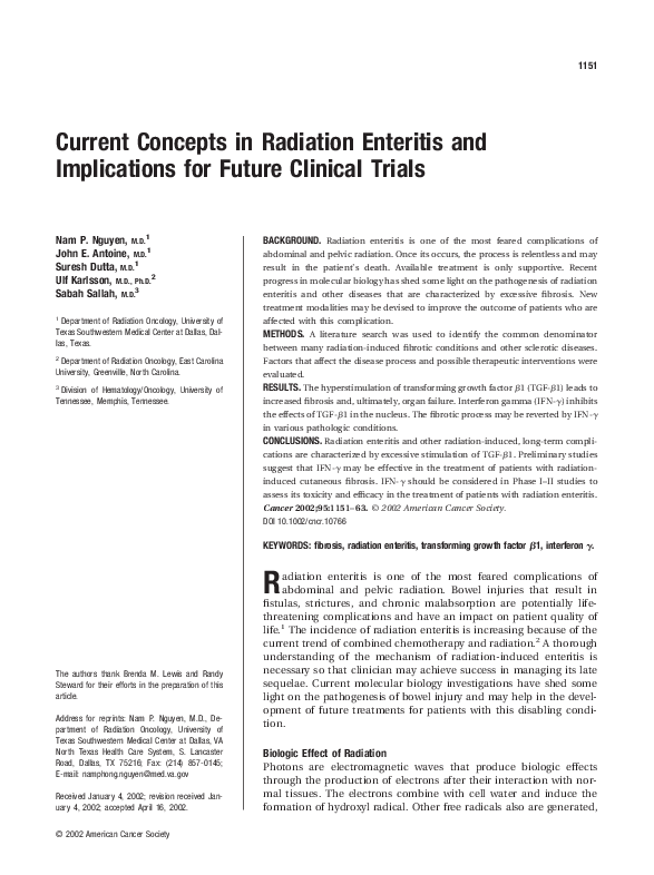 (PDF) Current concepts in radiation enteritis and implications for ...