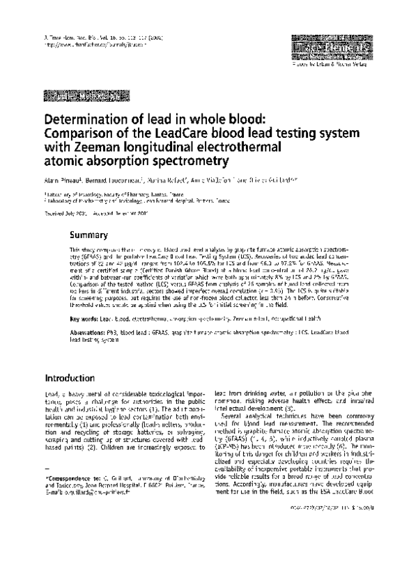 (PDF) Determination of lead in whole blood: Comparison of the LeadCare ...