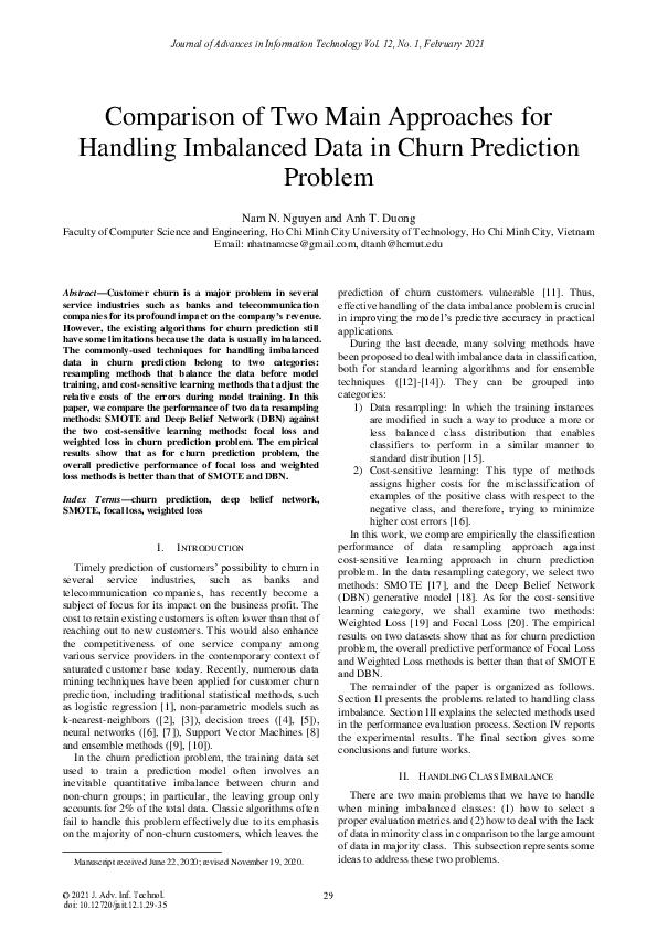 Pdf Comparison Of Two Main Approaches For Handling Imbalanced Data In Churn Prediction Problem