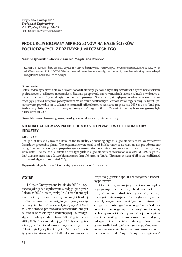 (PDF) Microalgae Biomass Production Based on Wastewater from Dairy Industry