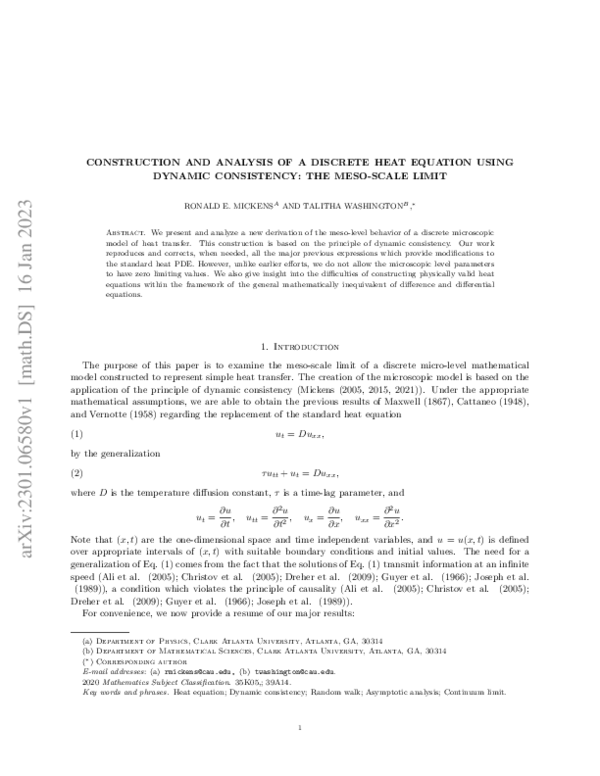 (PDF) Construction and analysis of a discrete heat equation using ...
