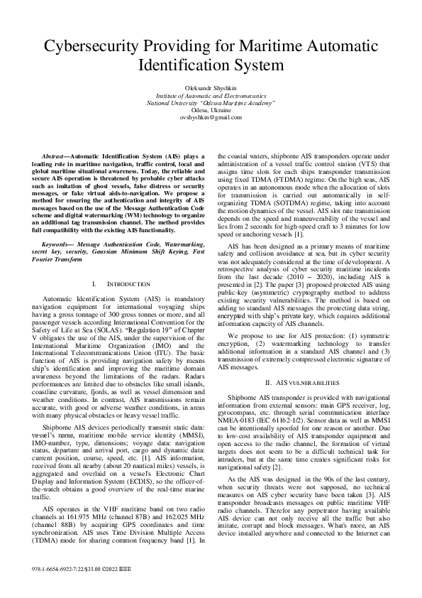 (PDF) Cybersecurity Providing for Maritime Automatic Identification System