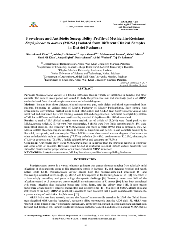 Pdf Prevalence And Antibiotic Susceptibility Profile Of Methicillin Resistant Staphylococcus