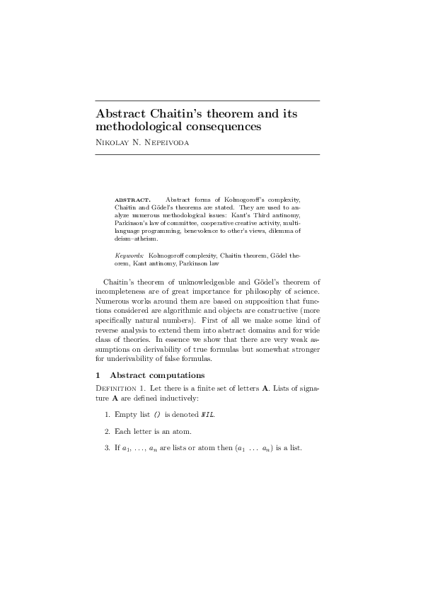 (PDF) Abstract Chaitin’s theorem and its methodological consequences