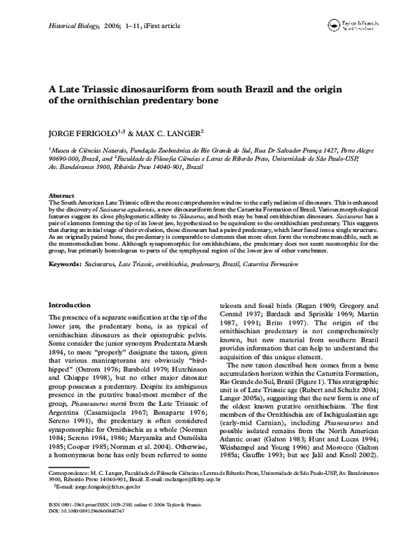 (PDF) A Late Triassic dinosauriform from south Brazil and the origin of ...