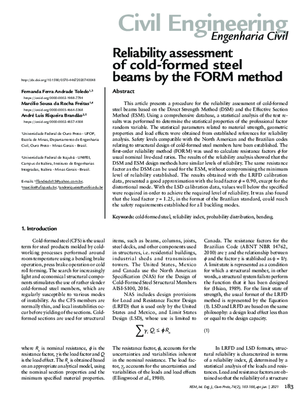 (PDF) Reliability assessment of cold-formed steel beams by the FORM method