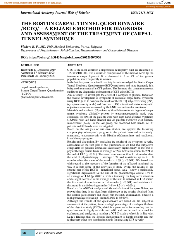(PDF) The Boston Carpal Tunnel Questionnaire /BCTQ/ − a Reliable Method ...