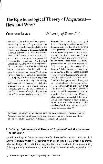 (PDF) The Epistemological Theory of Argument--How and Why?