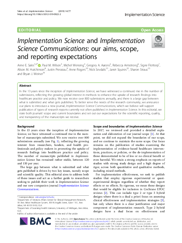 (PDF) Implementation Science and Implementation Science Communications: our aims, scope, and ...