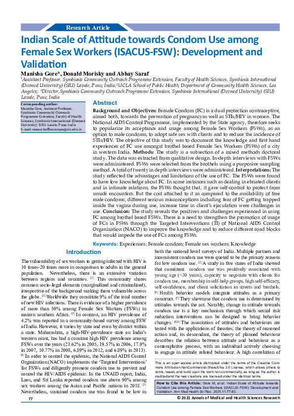 Pdf Indian Scale Of Attitude Towards Condom Use Among Female Sex Workers Isacus Fsw
