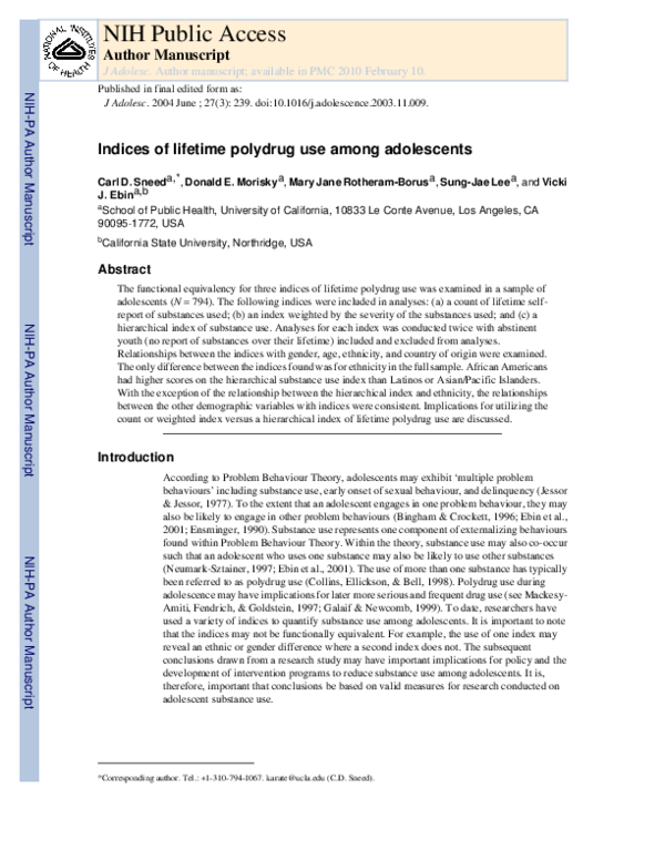 (PDF) Indices of lifetime polydrug use among adolescents | Donald ...