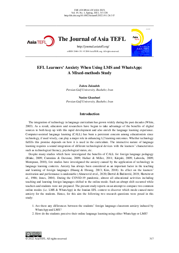 (PDF) EFL Learners’ Anxiety When Using LMS and WhatsApp : A Mixed-methods Study