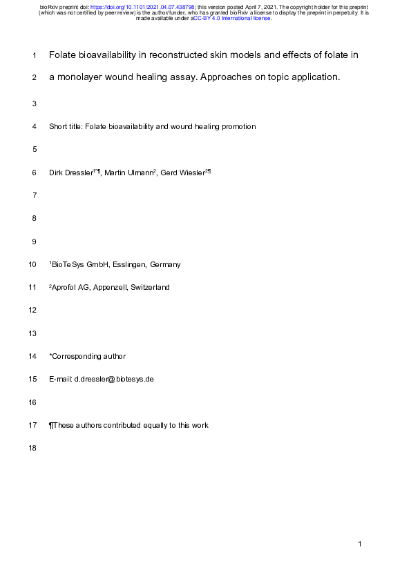 (PDF) Folate bioavailability in reconstructed skin models and effects ...