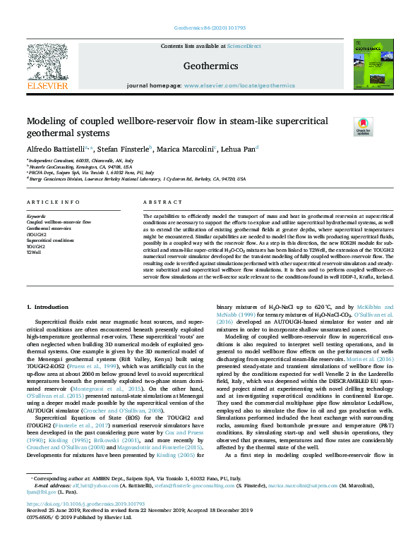 Pdf Modeling Of Coupled Wellbore Reservoir Flow In Steam Like Supercritical Geothermal Systems