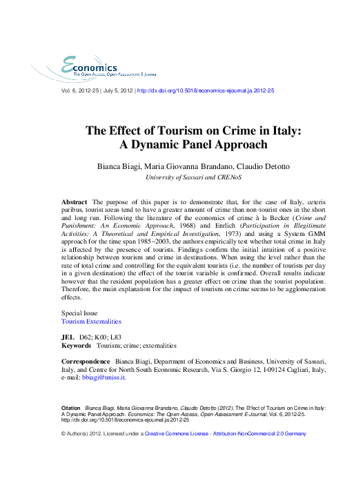 (PDF) The Effect of Tourism on Crime in Italy: A Dynamic Panel Approach