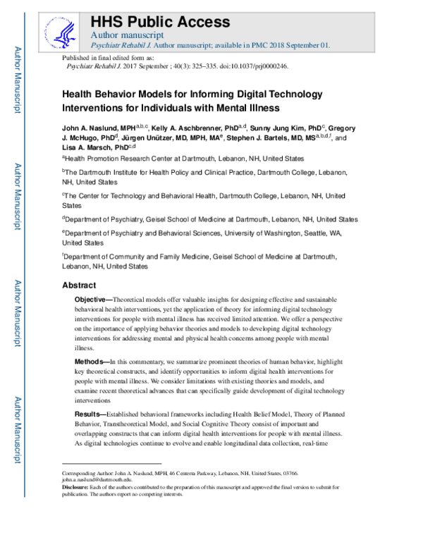 (PDF) Health behavior models for informing digital technology ...
