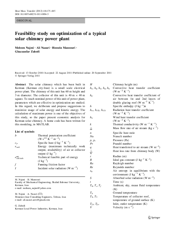 (PDF) Feasibility study on optimization of a typical solar chimney ...