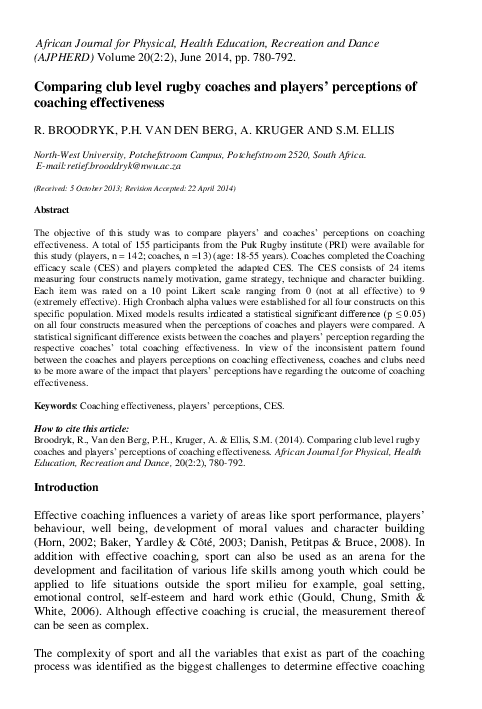 (PDF) Comparing club level rugby coaches and players' perceptions of coaching effectiveness