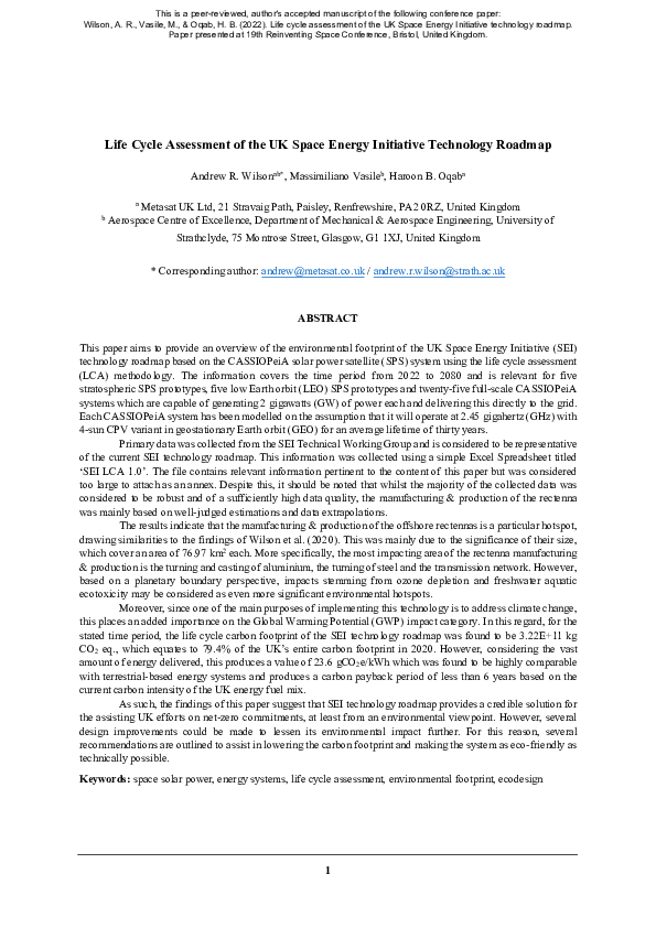 (PDF) Life Cycle Assessment of the UK Space Energy Initiative ...