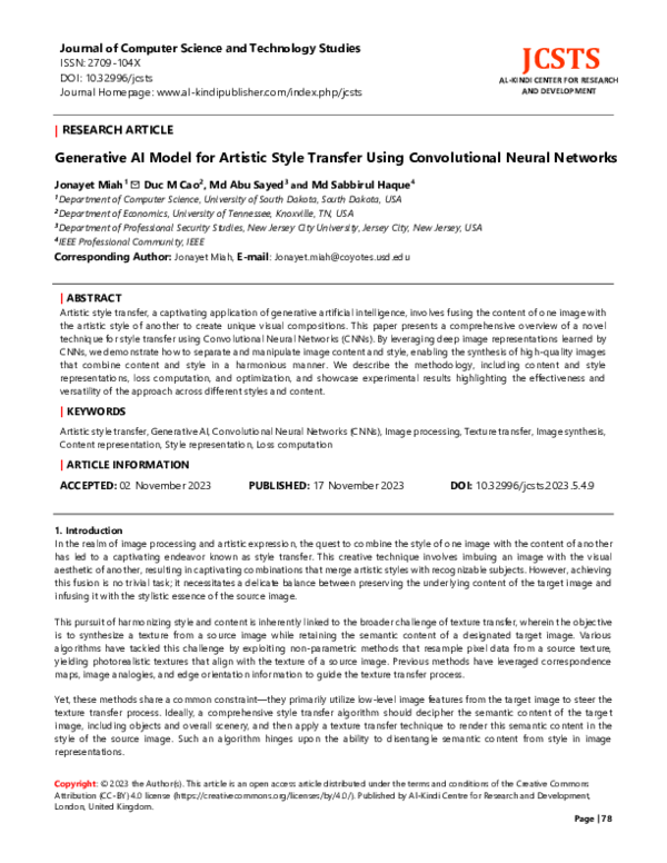 Pdf Generative Ai Model For Artistic Style Transfer Using Convolutional Neural Networks