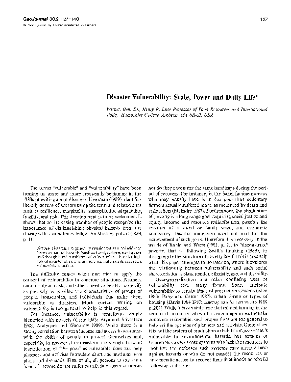 (PDF) Disaster vulnerability: Scale, power and daily life