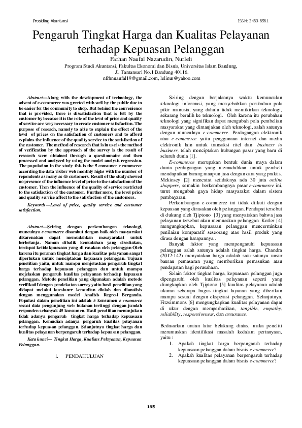 (PDF) Pengaruh Tingkat Harga dan Kualitas Pelayanan terhadap Kepuasan Pelanggan