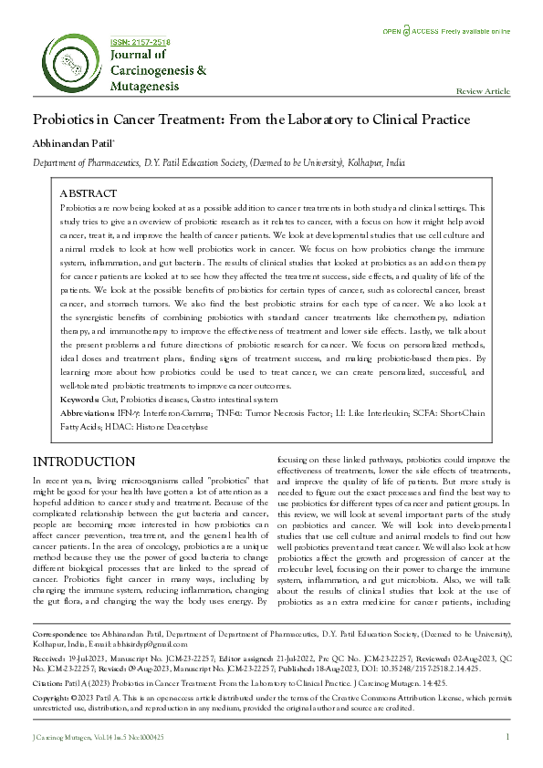 (PDF) Probiotics in Cancer Treatment: From the Laboratory to Clinical ...