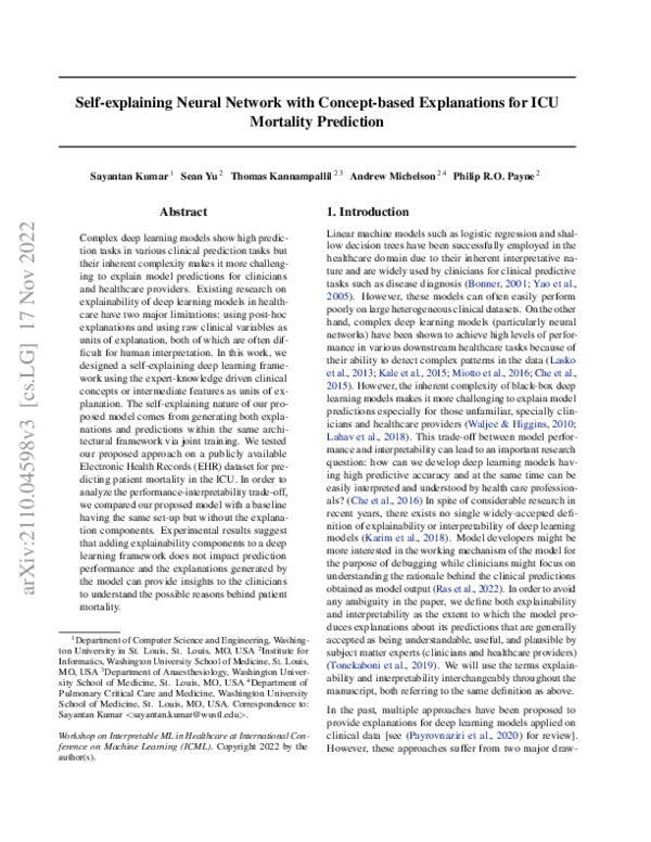 Pdf Self Explaining Neural Network With Concept Based Explanations For Icu Mortality Prediction