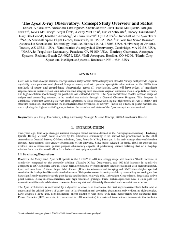 (PDF) The Lynx X-ray Observatory: concept study overview and status ...