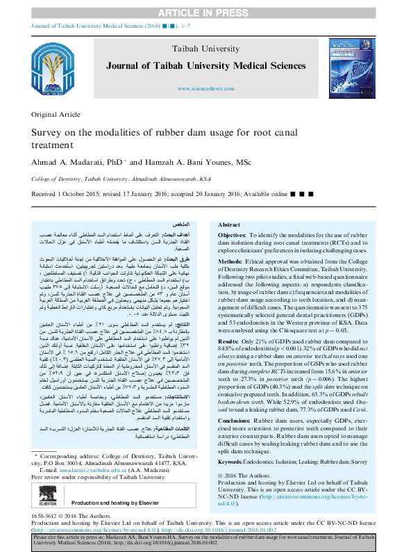 (PDF) Survey on the modalities of rubber dam usage for root canal treatment