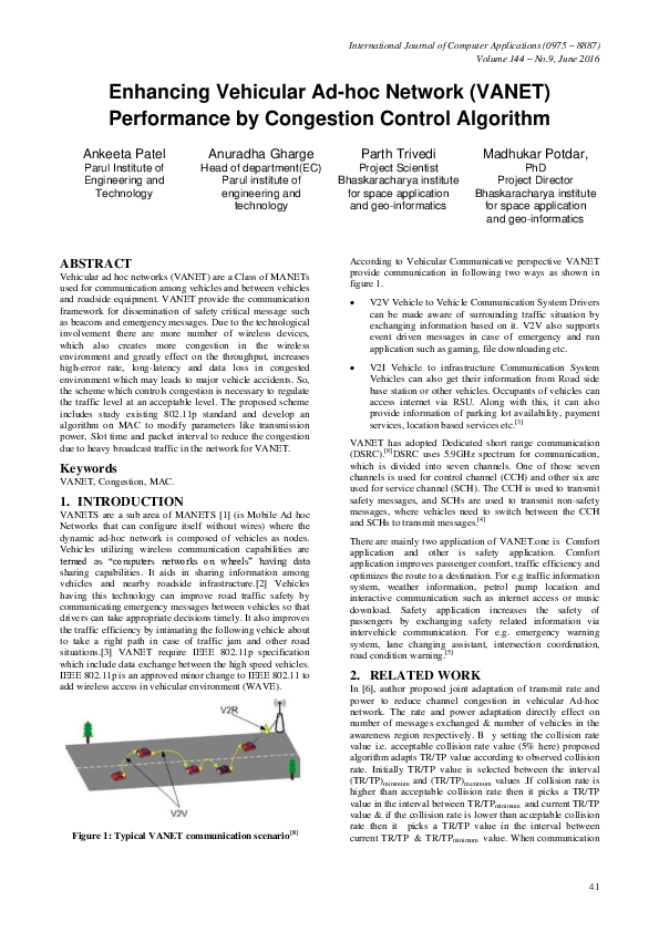 (PDF) Enhancing Vehicular Ad-hoc Network (VANET) Performance by Congestion Control Algorithm