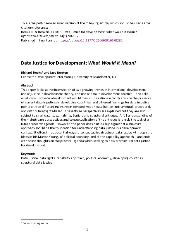 (PDF) Data justice for development