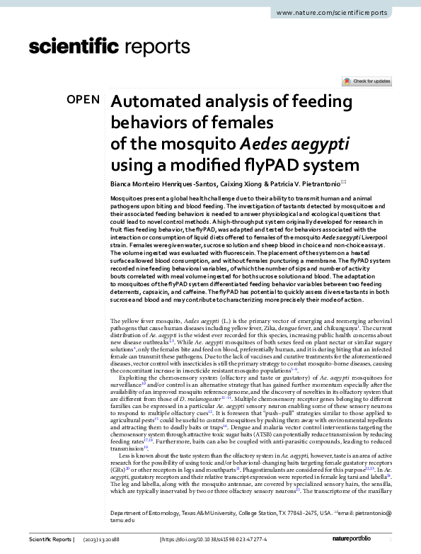 (PDF) Automated analysis of feeding behaviors of females of the mosquito Aedes aegypti using a ...