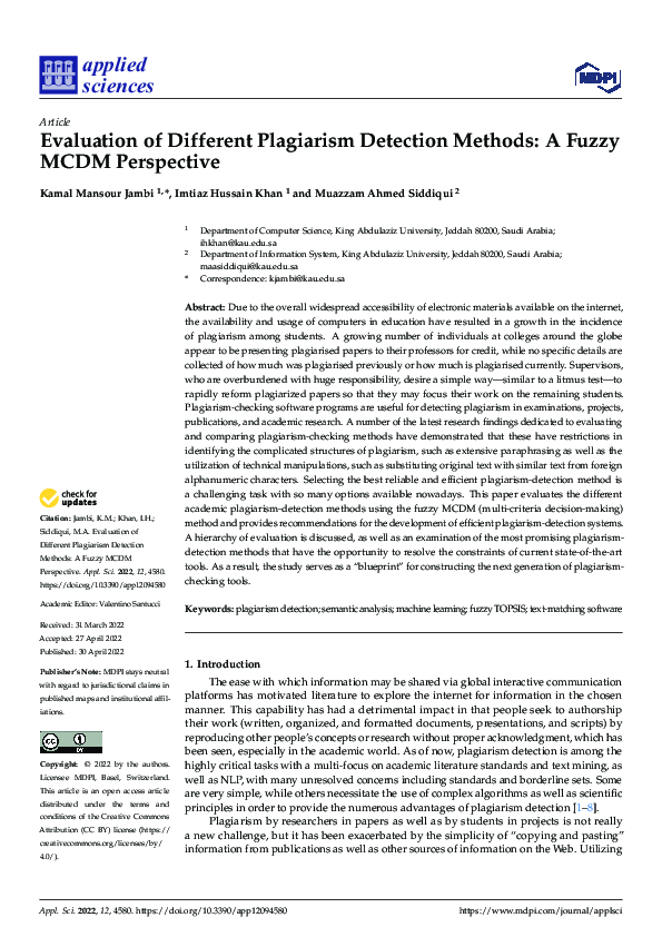(PDF) Evaluation of Different Plagiarism Detection Methods: A Fuzzy MCDM Perspective