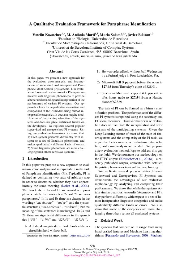 Pdf A Qualitative Evaluation Framework For Paraphrase Identification