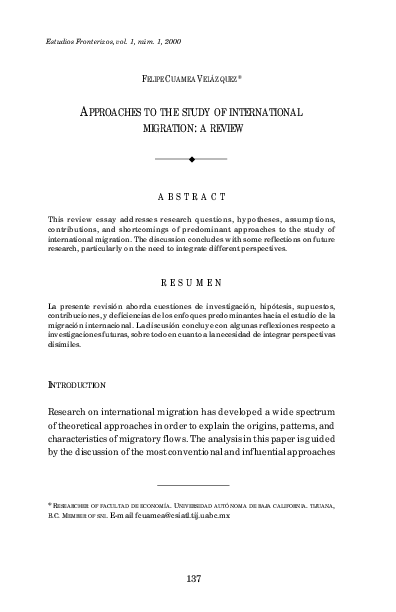 Approaches to the study of international migration: a review