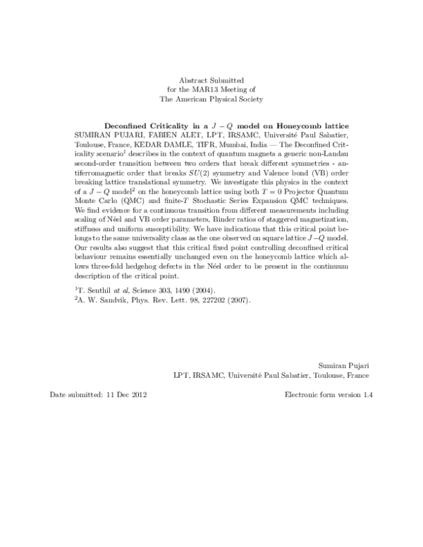 (PDF) Deconfined Criticality in a $J-Q$ model on Honeycomb lattice