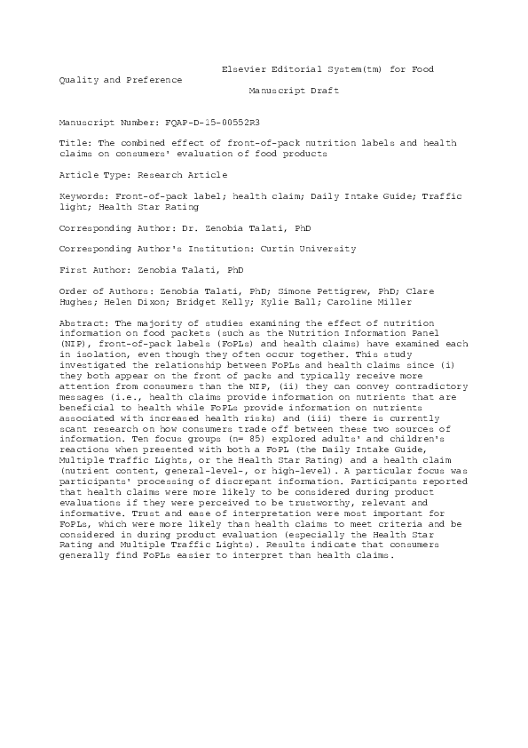 (PDF) The combined effect of front-of-pack nutrition labels and health ...