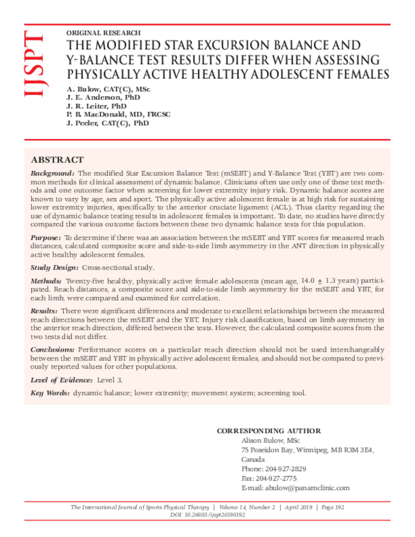 (PDF) The Modified Star Excursion Balance and Y-Balance Test Results ...