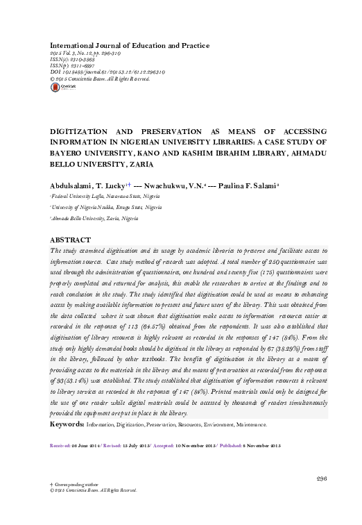 (PDF) Digitization and Preservation as Means of Accessing Information in Nigerian University ...