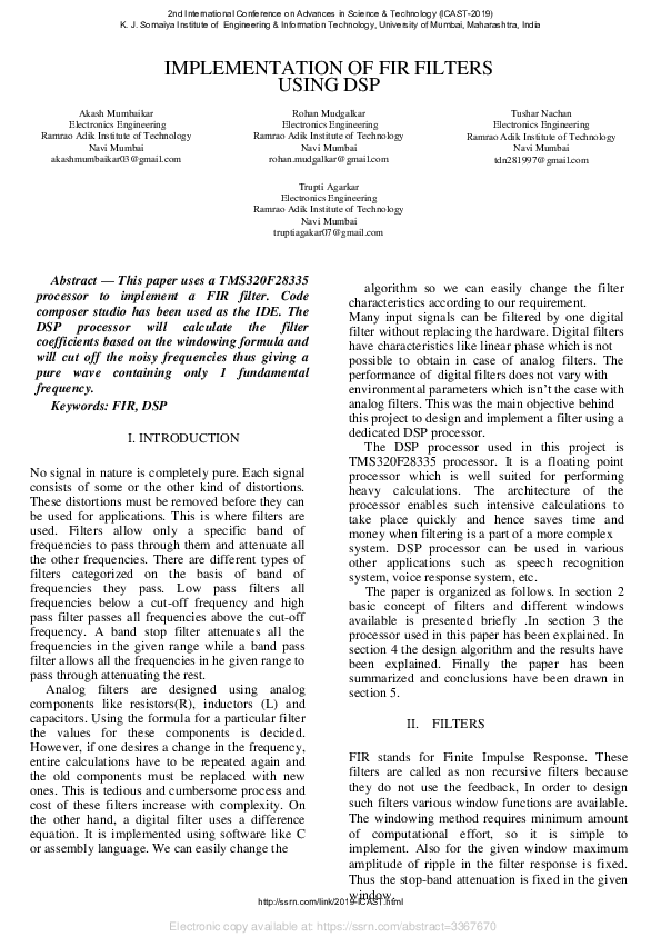 (PDF) Implementation of FIR Filters Using DSP | Rohan Mudgalkar - Academia.edu
