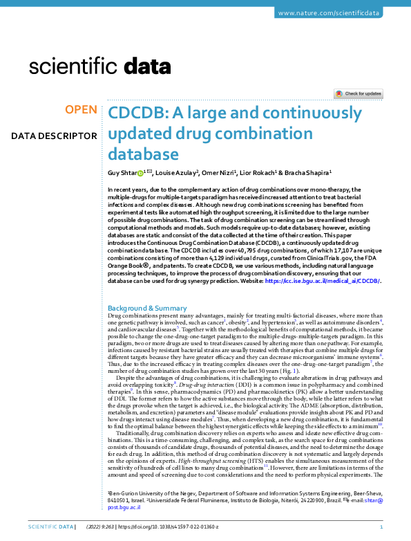 (PDF) CDCDB: Continuously Updated Drug Combination Database